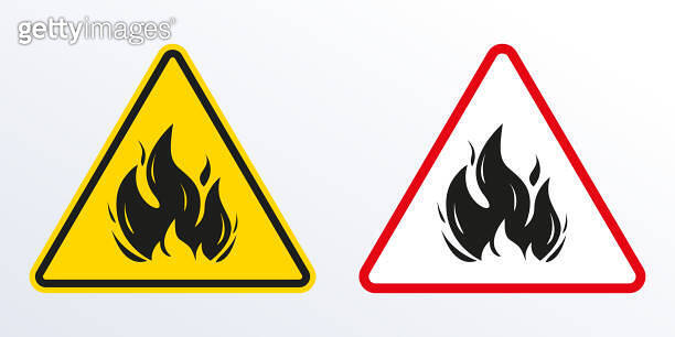 Fire warning signs. Flammable icon. Flame, danger triangle label ...