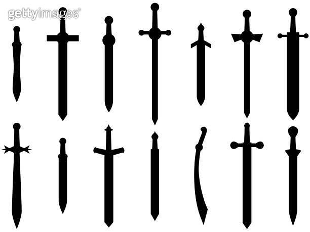 Black swords set isolated on white background. Swords silhouettes ...