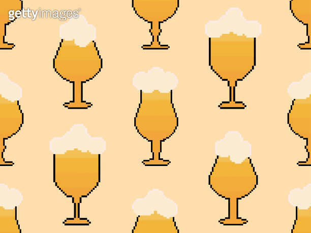 Pixel beer seamless pattern. Beer with foam in stemmed glasses in pixel ...