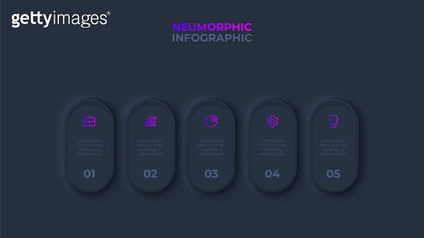 Dark neumorphic rounded elements placed in horizontal row. Infographic ...