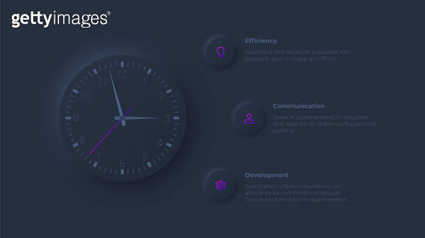 Dark neumorphic clock illustration. Schedule or timetable visualization ...