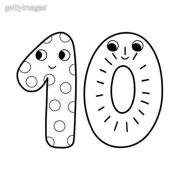 Cute number ten character in black and white for kids (1831126088) - 게티 ...