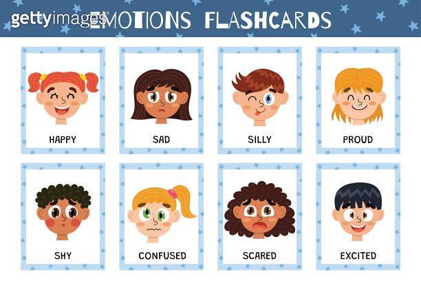 Emotions flashcards collection. Flash cards set with cute kids ...