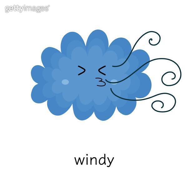 Windy weather flashcard for kids with cute cloud. Cloudy clipart in ...