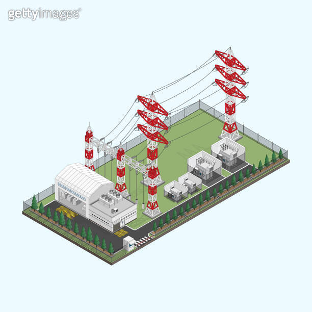 electrical sub station with isometric graphic 이미지 (1828655483) - 게티이미지뱅크