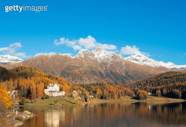 Beautiful view of St.Moritz lake with luxury resorts on waterfront and ...