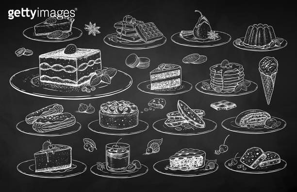 Chalk illustratoins of desserts and sweet food (1802213417) - 게티이미지뱅크