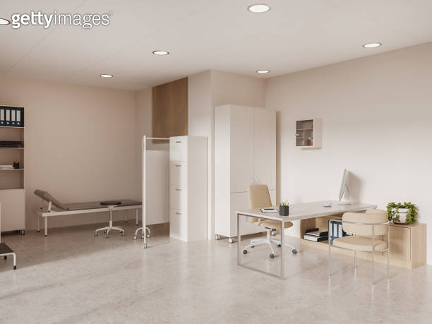 Stylish doctor's room interior medical bed and table with pc computer ...