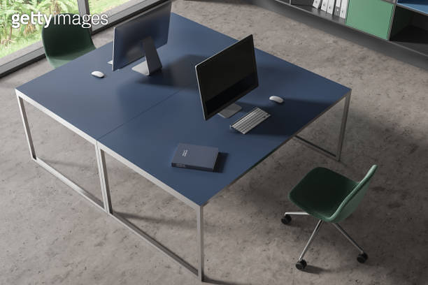 Blue computer tables in wooden floor office, top view 이미지 (1750216341 ...