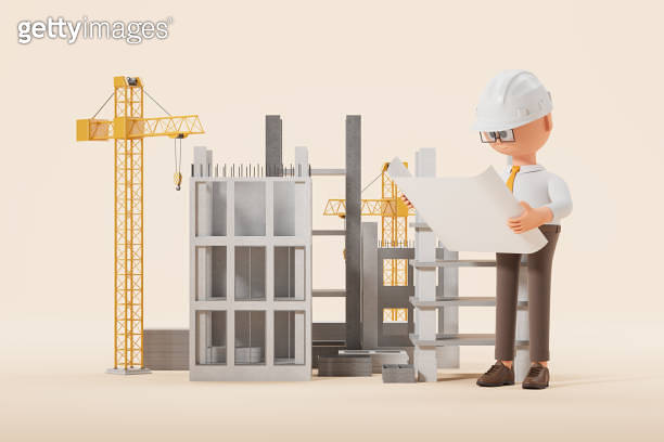 Cartoon civil engineer man reading blueprint on construction site 이미지 ...
