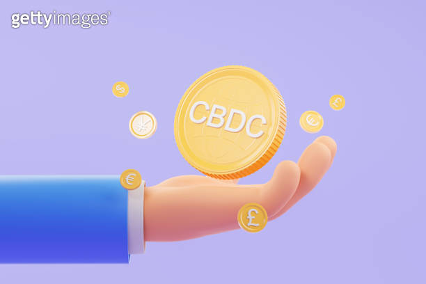 Cartoon man hand in blue holding CBDC coin 이미지 (1675597588) - 게티이미지뱅크