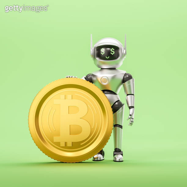 AI robot with dollar eyes holding bitcoin, green 이미지 (1531086410) - 게티이미지뱅크