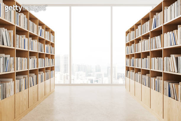 Two rows of bookcases in public library with panoramic window 이미지 ...