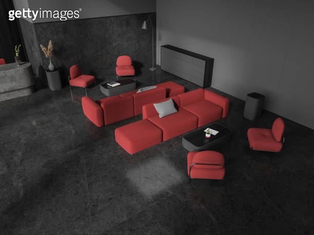 Top view office interior lobby with armchairs and couch, reception hall ...