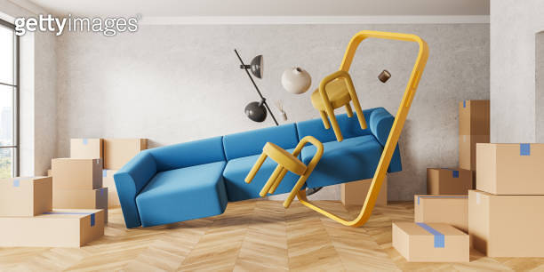 Smartphone with home furniture flying, living room with cardboard boxes ...