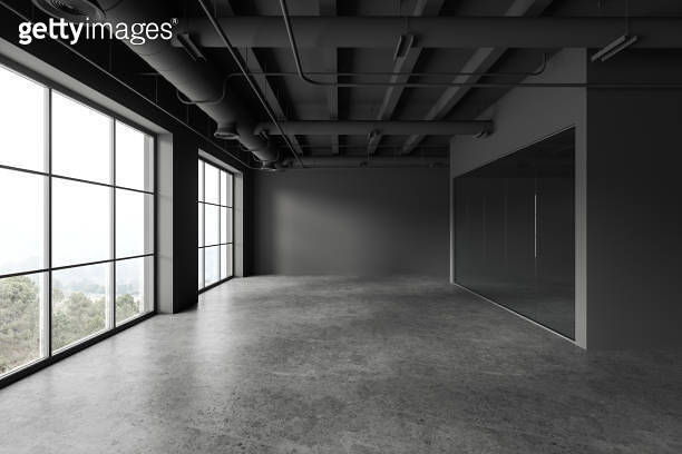 Empty gray office hall with blank wall 이미지 (1644876096) - 게티이미지뱅크