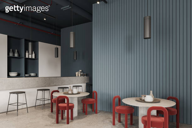 White and blue coffee shop corner with bar and tables 이미지 (1614355457 ...