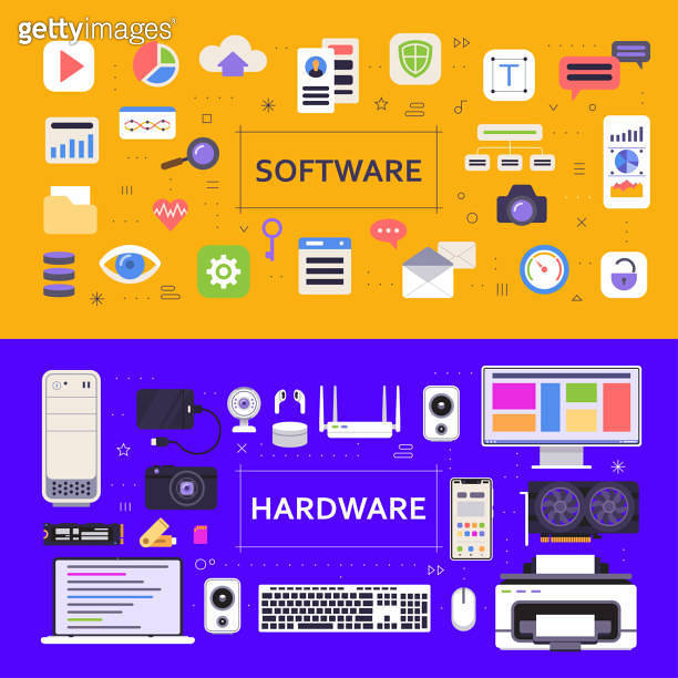 Software and hardware concept illustrations with set of icons of ...