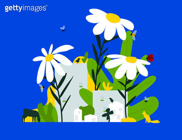 -wilding vector illustration. Oversized wildflowers, deer, birds and ...