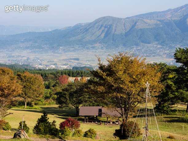 Morning view of the 5 peaks of Aso from the southern rim of Aso ...