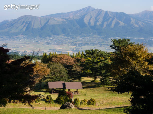 Morning view of the 5 peaks of Aso from the southern rim of Aso ...