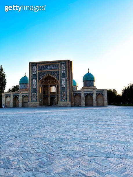 Mosque in Tashkent in Uzbekistan. Entrance. Stunning blue domes ...