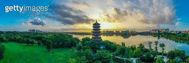Aerial Photo of Sunrise Scenery of Huayang Lake Wetland Park, Dongguan ...