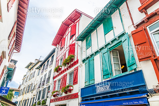 Typical colored facades of Basque country buildings in the center of ...