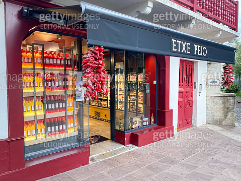 Exterior of a Etxe Peio basque shop in a street of Saint-Jean-de-Luz ...