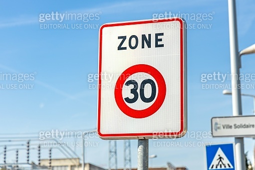 Zone 30 road sign, indicating the limit zone of thirty kilometers per ...