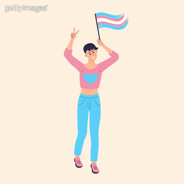 Transgender woman with rainbow flag showing peace sign. International ...