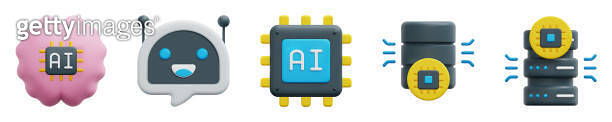 Artificial intelligence 3d vector icon set. Brain, chatbot, chip, data ...