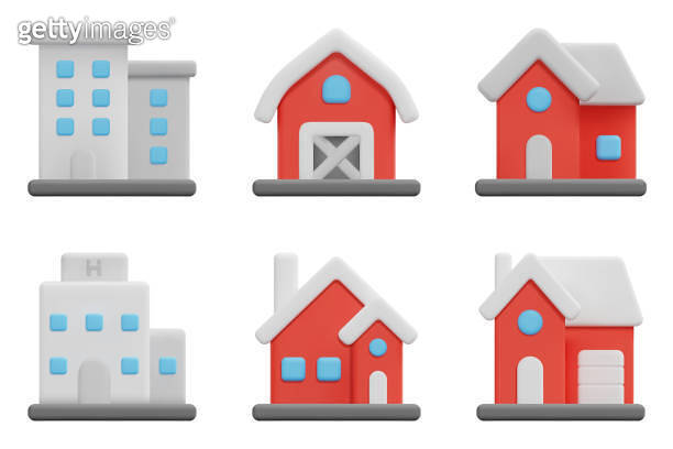 Type of houses 3d vector icon set. Apartment, barn, detached, hotel ...