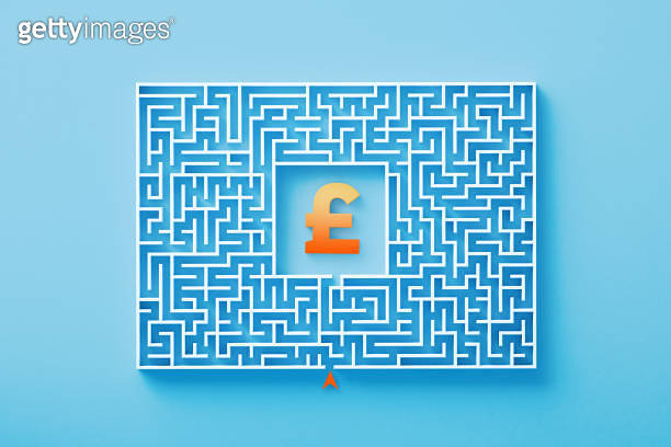 Orange Pound Symbol Sitting At The Center Of A White Maze On Blue ...