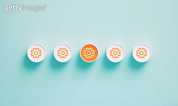 Cylinder Objects With Cog Symbols On Blue Background 이미지 (1738776110 ...