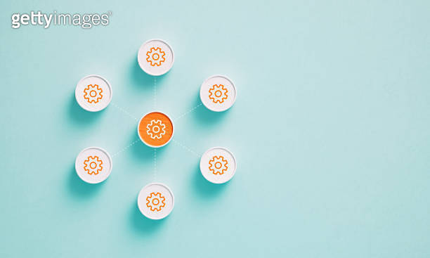 Cylinder Objects With Cog Symbols On Blue Background 이미지 (1738776336 ...