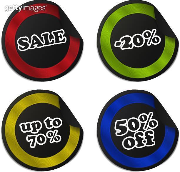 Realistic black sale stickers with red, green, yellow, blue metallic ...