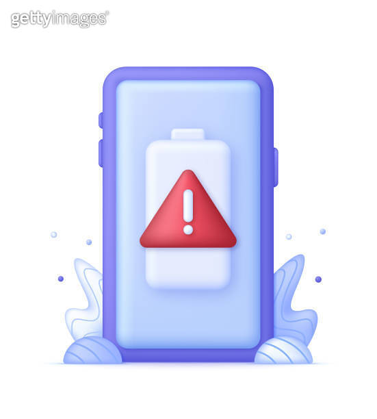 3D Battery and exclamation mark on Phone. Low battery warning ...