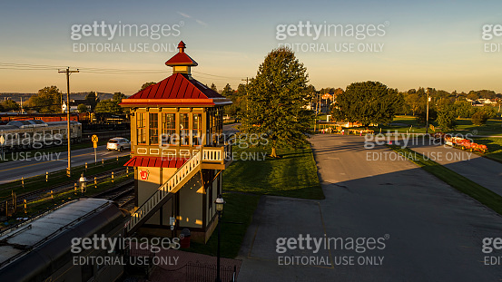 An Aerial View of a Restored Railroad Switching Tower at Sunrise ...