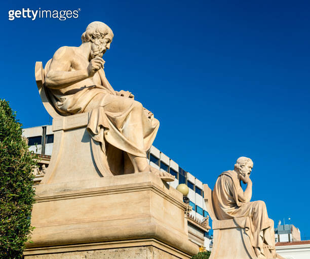 The philosophers Plato and Socrates at the Academy of Athens in Greece ...
