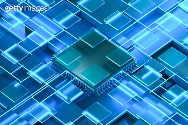 Abstract technology background computer chip on cube blocks with neon ...