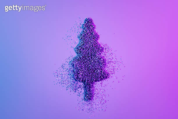 Exploding Christmas tree with particles on neon background, new year ...