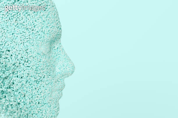 Artificial Intelligence, Deep Learning, Technology Background. Dissolving Human Face with Cube ...
