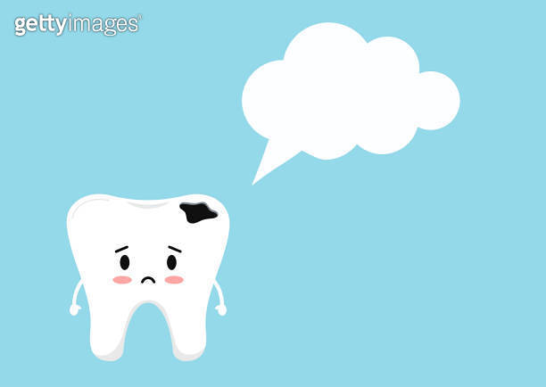 Sad cavity tooth icon with speach bubble isolated on blue background ...