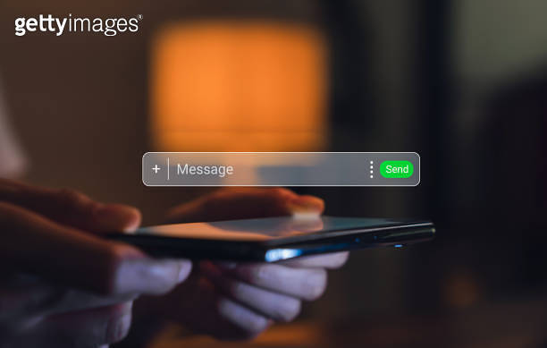 Hand sending text message on social media, using smartphone chatting on ...