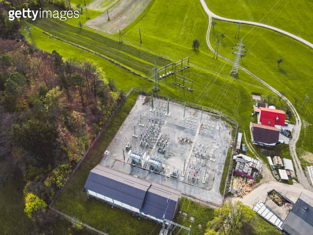 Aerial view of a high voltage substation. Electric power plant, drone ...