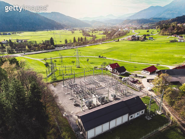 Aerial view of a high voltage substation. Electric power plant, drone ...
