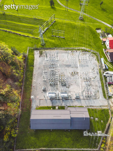Aerial view of a high voltage substation. Electric power plant, drone ...