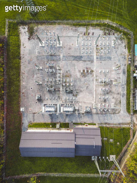 Aerial view of a high voltage substation. Electric power plant, drone ...