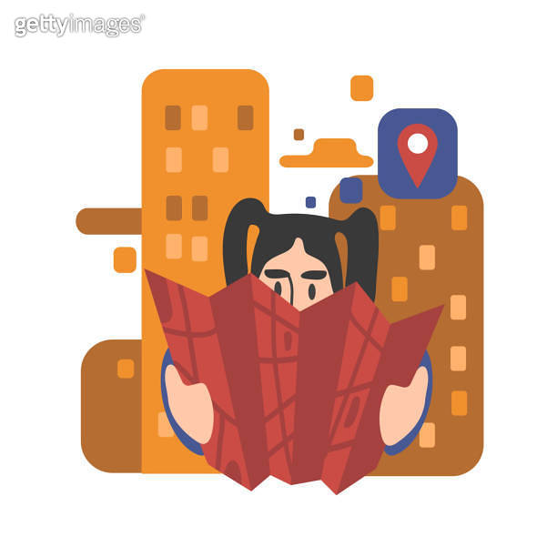 Serious cartoon girl looking at route on paper map in city vector ...